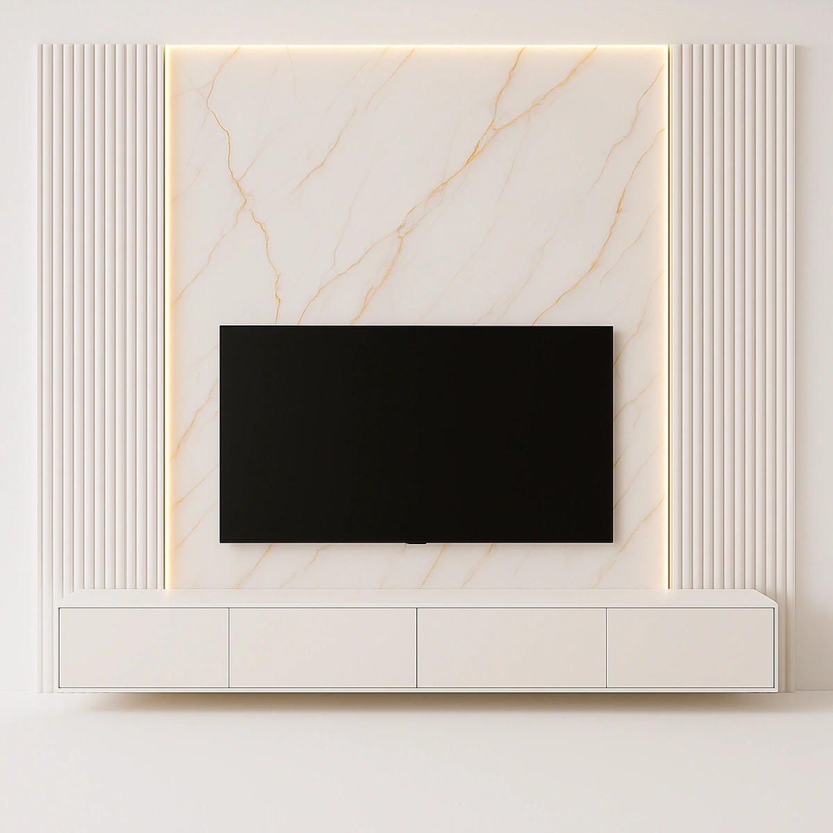Luxury Wall-Mounted TV Unit with Marble-Effect Panel & LED Backlighting ...