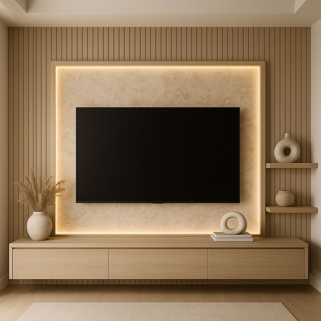 Luxury Fluted Wall TV Unit with Backlit Stone Panel & Floating Cabinet ...